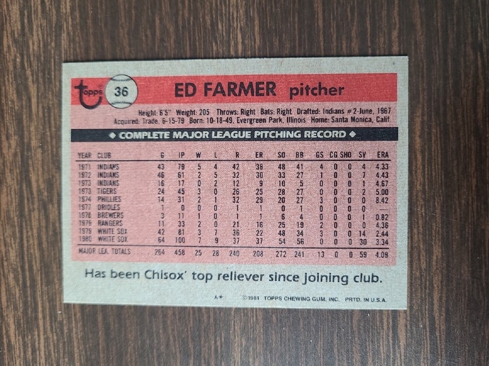 1981 TOPPS #36 ED FARMER CHICAGO WHITE SOX | eBay