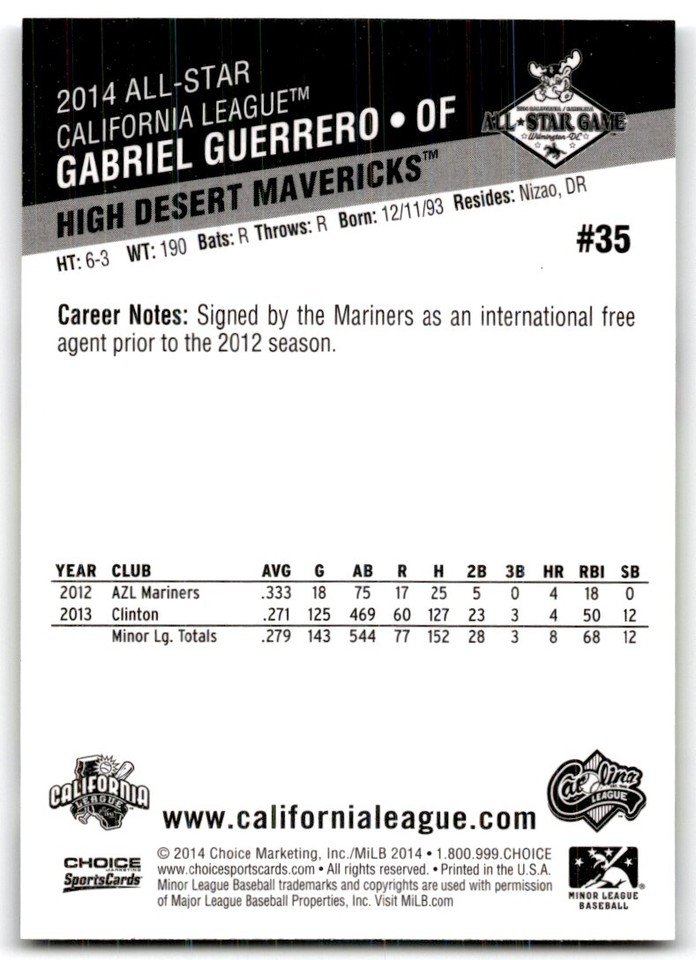 2014 CHOICE CALIFORNIA LEAGUE GABRIEL GUERRERO HIGH DESERT MAVERICKS ...