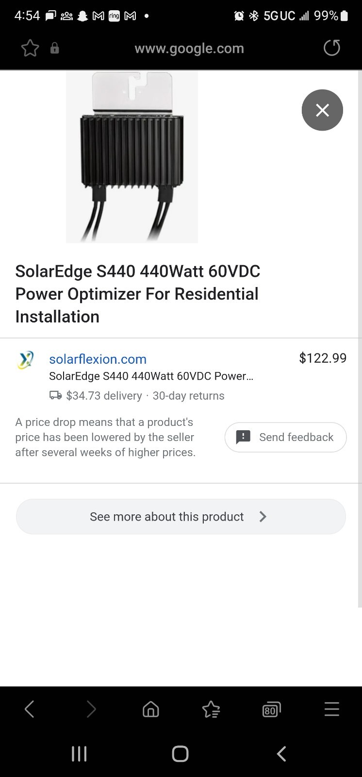Solaredge S440 440W/60V Power Optimizer (S440-1GM4MRM) for sale online ...
