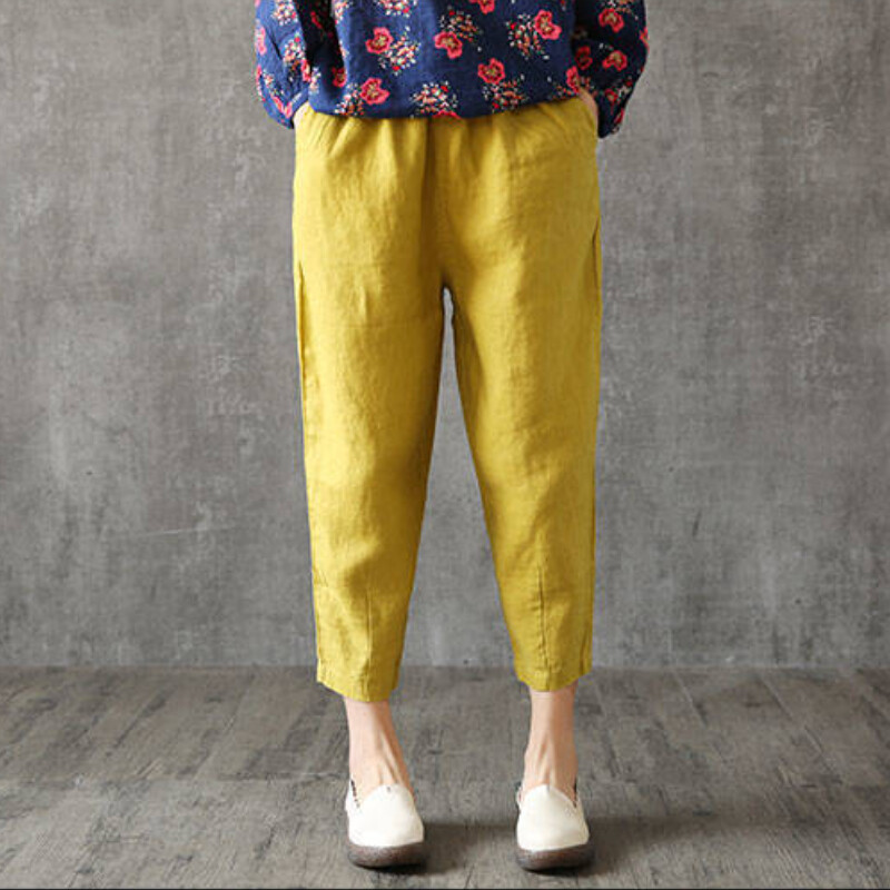 Summer Lady Cotton Linen Cropped Pants Ethnic Pocket Trousers Thin ...