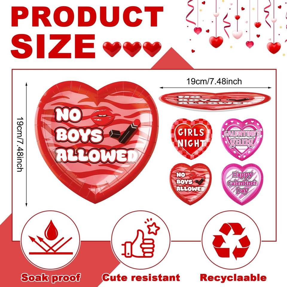 100 Pcs Galentines Day Decorations Plates Red Heart Plates Girls Night ...