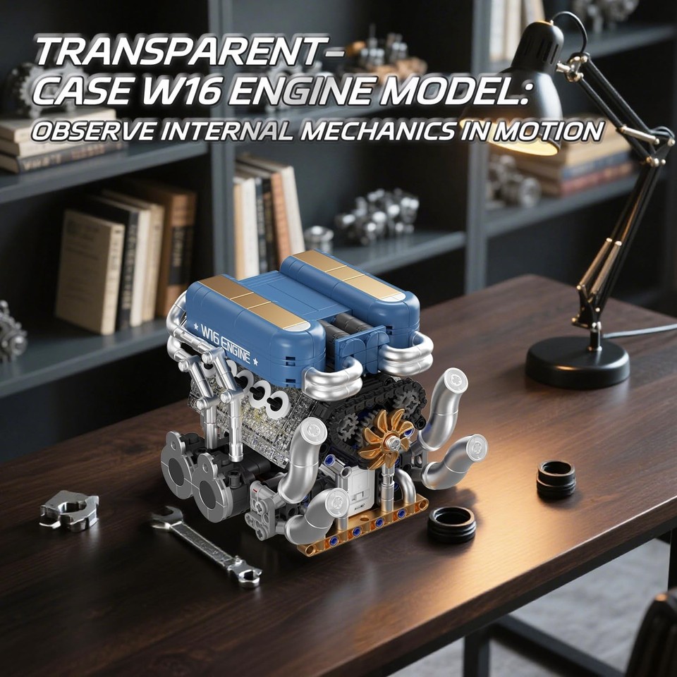 W16 Engine Building Kit (Twin V8 Design), 751 PCS to Build Your Own W16 ...