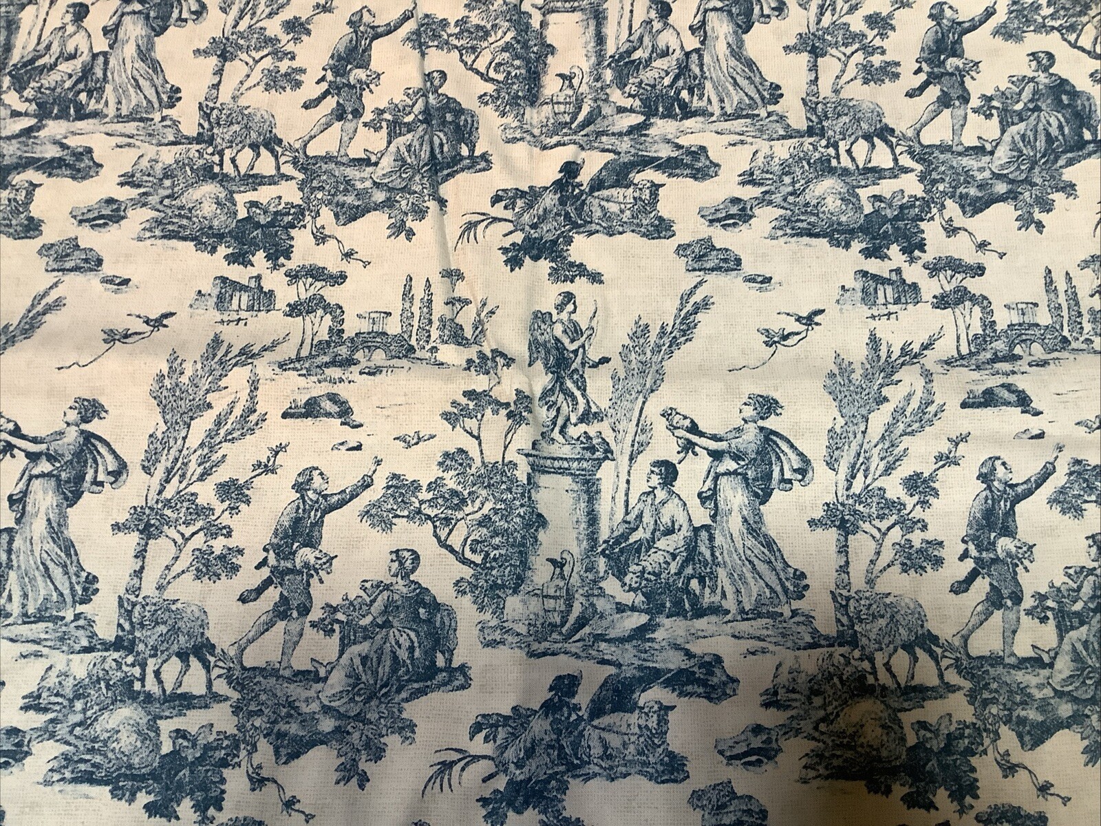 6 Plus yds Pastoral Toile Countryside Scene Blue Natural Cotton Fabric ...