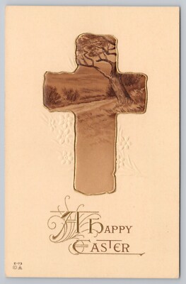 A Happy Easter Cross Outdoor Scene Gold Trim Embossed UNP WOB | eBay