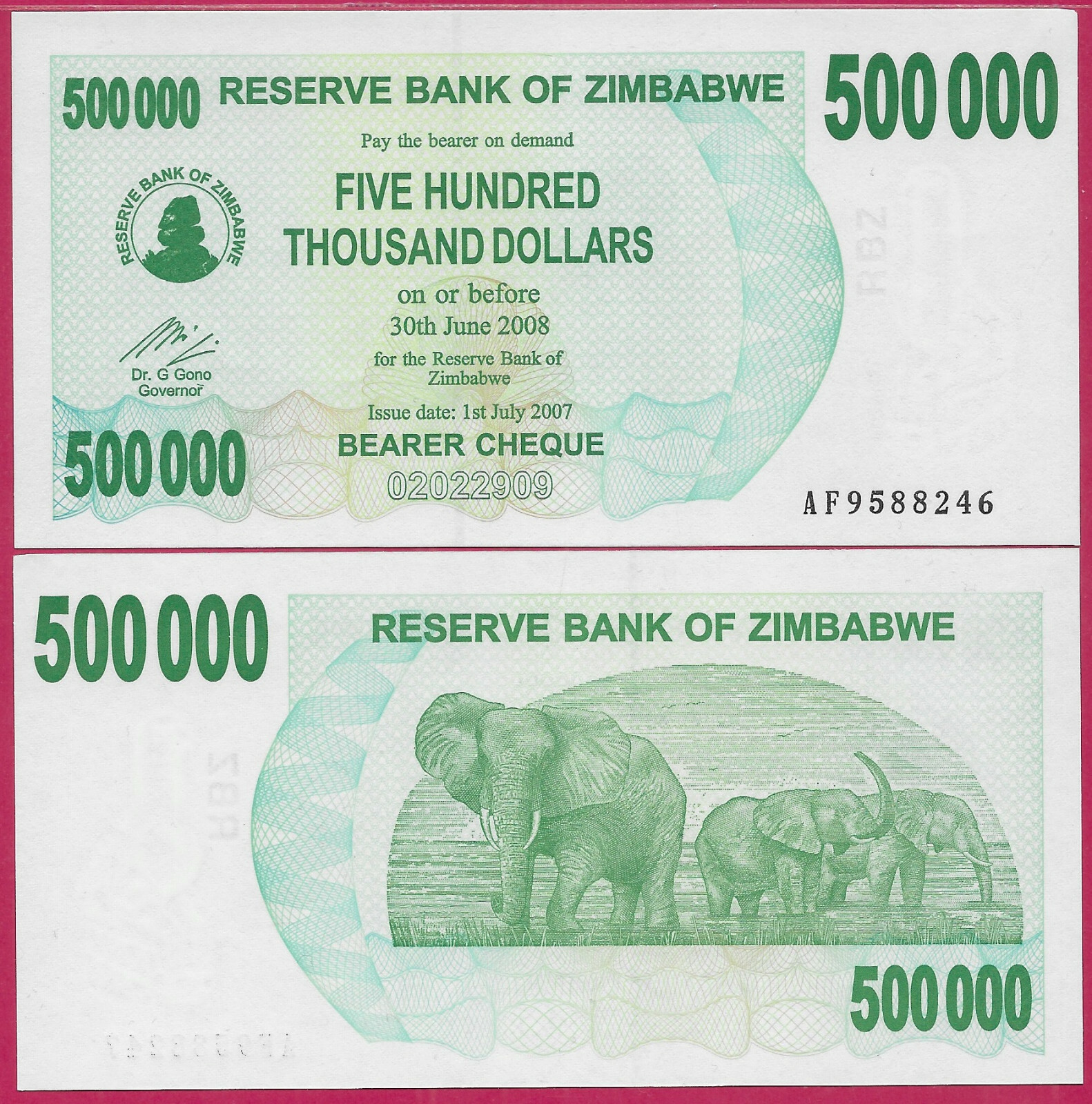 ZIMBABWE 500,000 DOLLARS 2007 UNC AF,BEARER CHEQUE ISSUE,LOGO OF THE ...