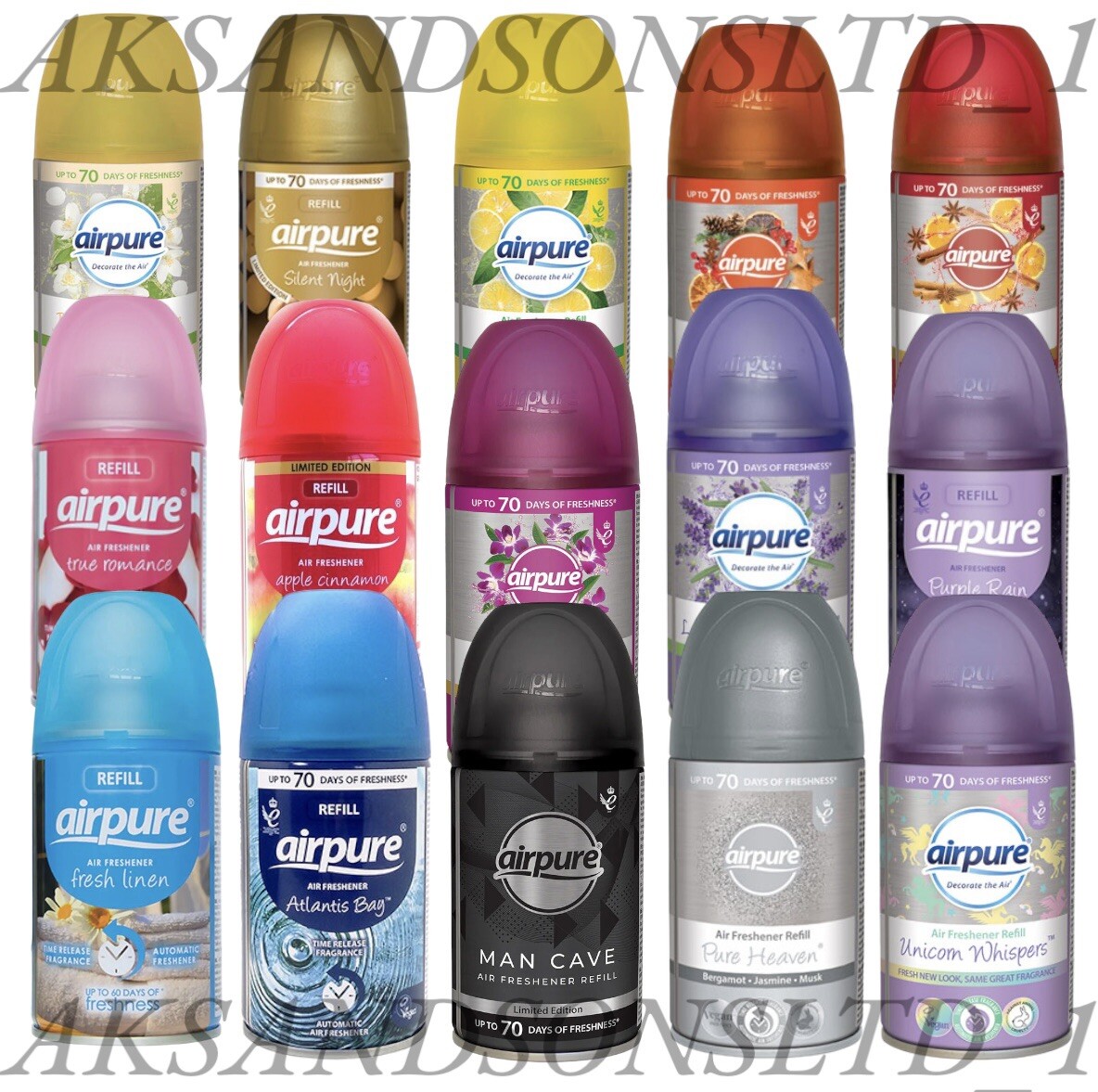 12 x AIRPURE AUTOMATIC SPRAY REFILLS 250ML AIR FRESHNER AIRPURE CHOSE ...