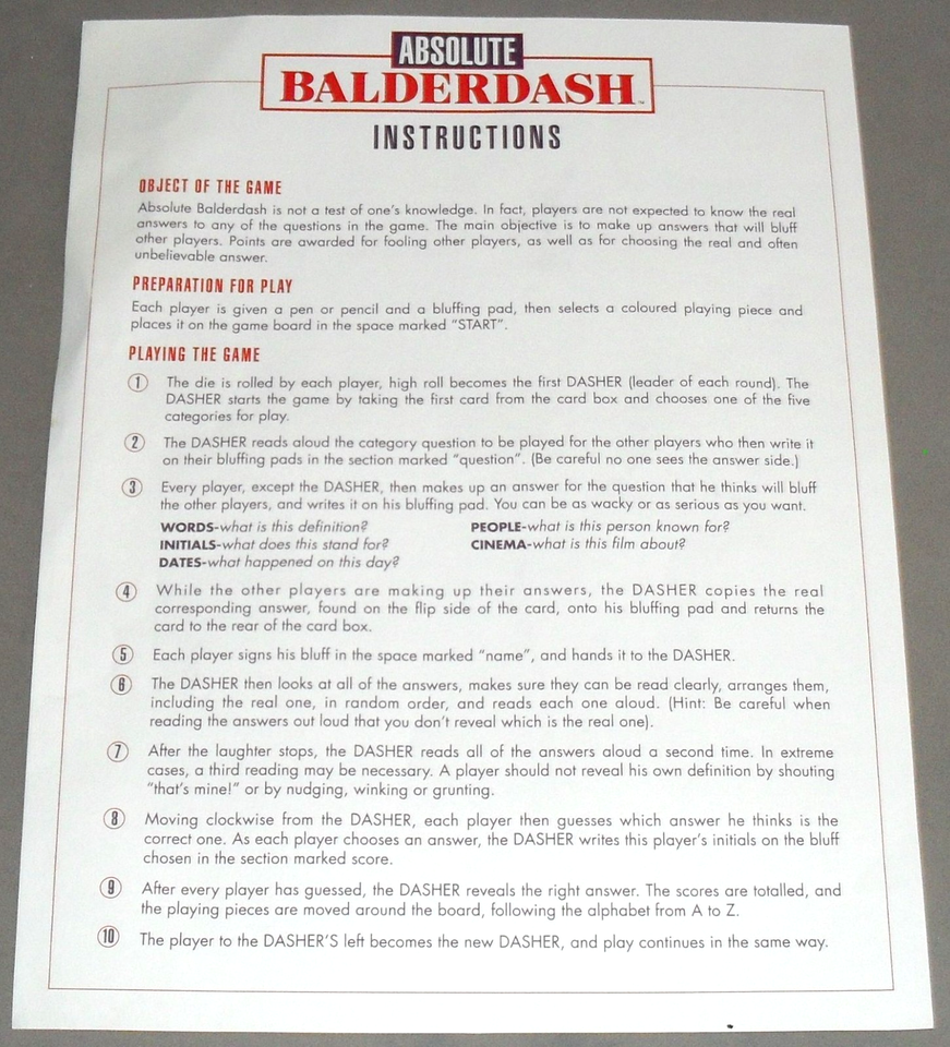 Absolute Balderdash Board Game Gameworks Bluffing Family Party Strategy ...