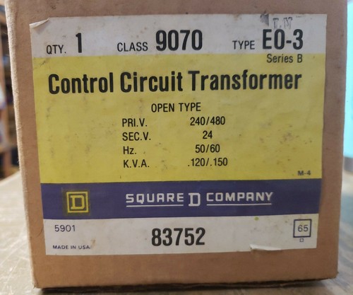SQUARE D 83752 CONTROL CIRCUIT TRANSFORMER Class 9070 Type EO-3 1Z-1904 ...