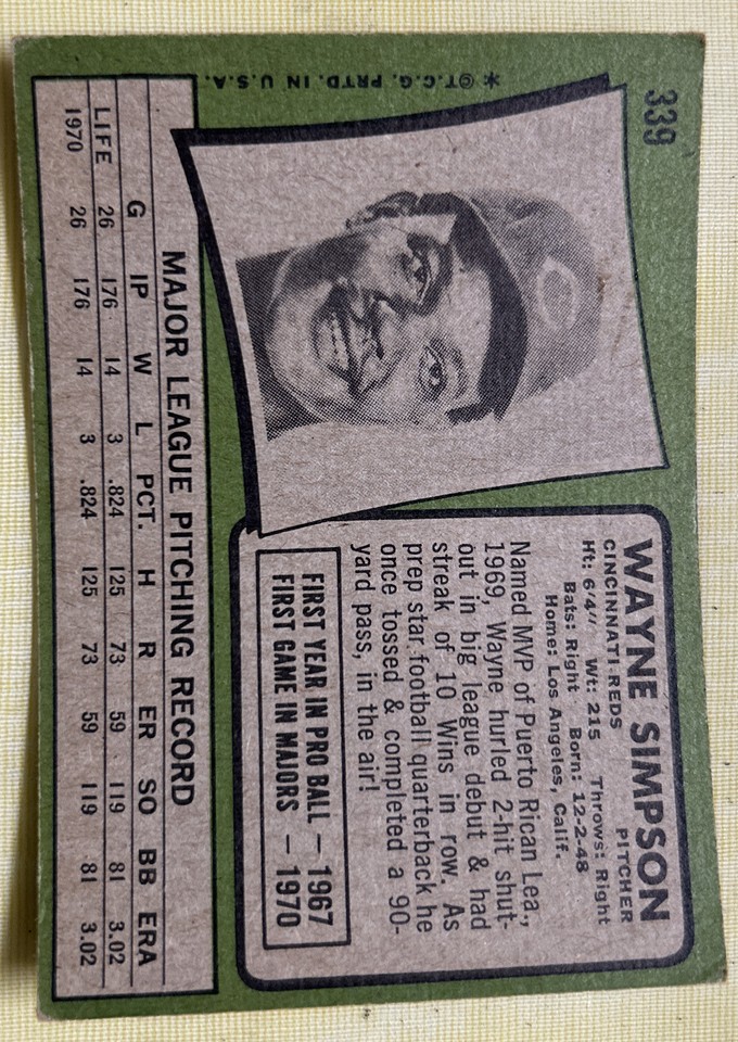 1971 Topps Wayne Simpson Baseball Card #339 Reds Pitcher GD/VG O/C | eBay