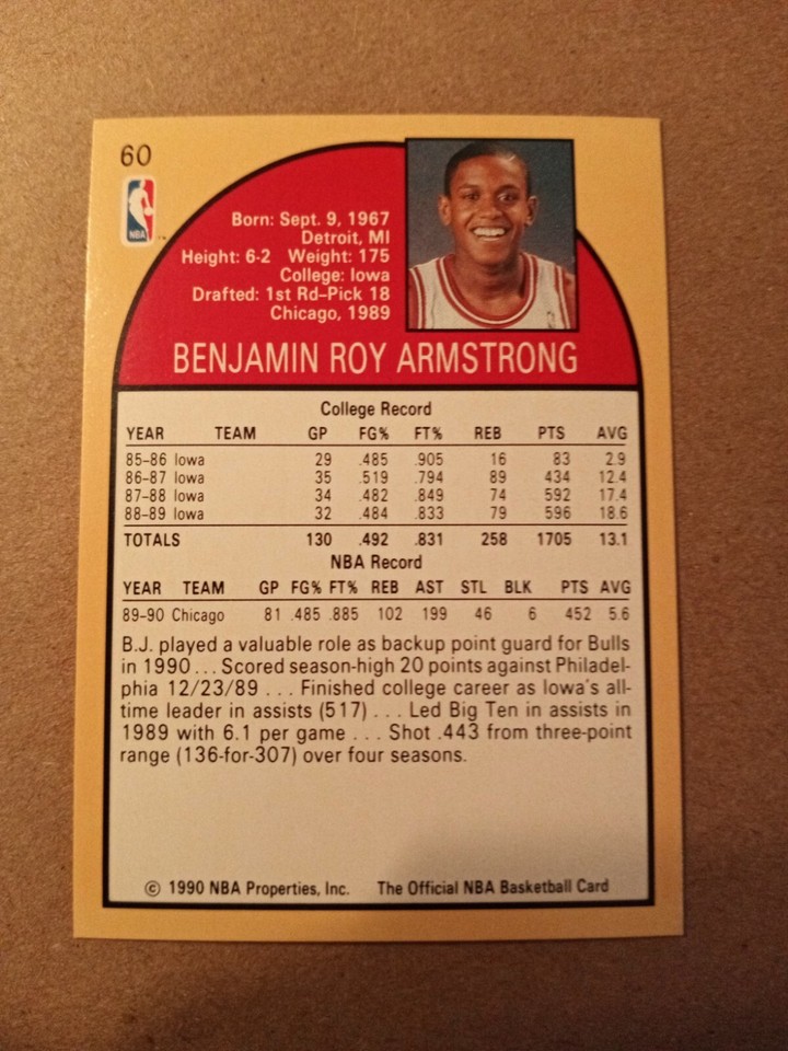 1990-91 NBA Hoops B.J. Armstrong Rookie Card #60 Chicago Bulls Set ...