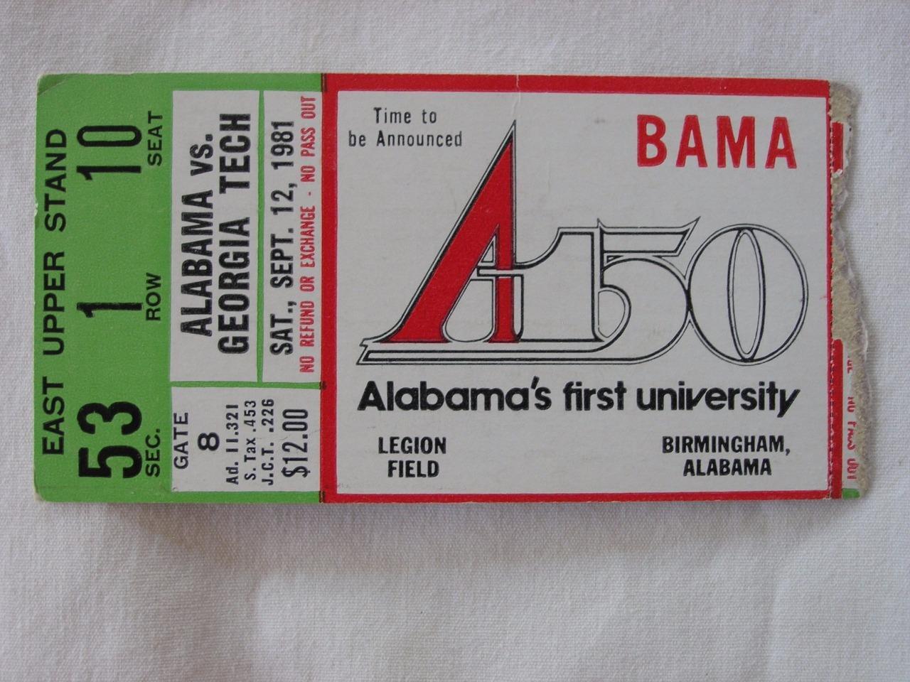 VINTAGE 1981 ALABAMA VS GEORGIA TECH FOOTBALL TICKET STUB | eBay