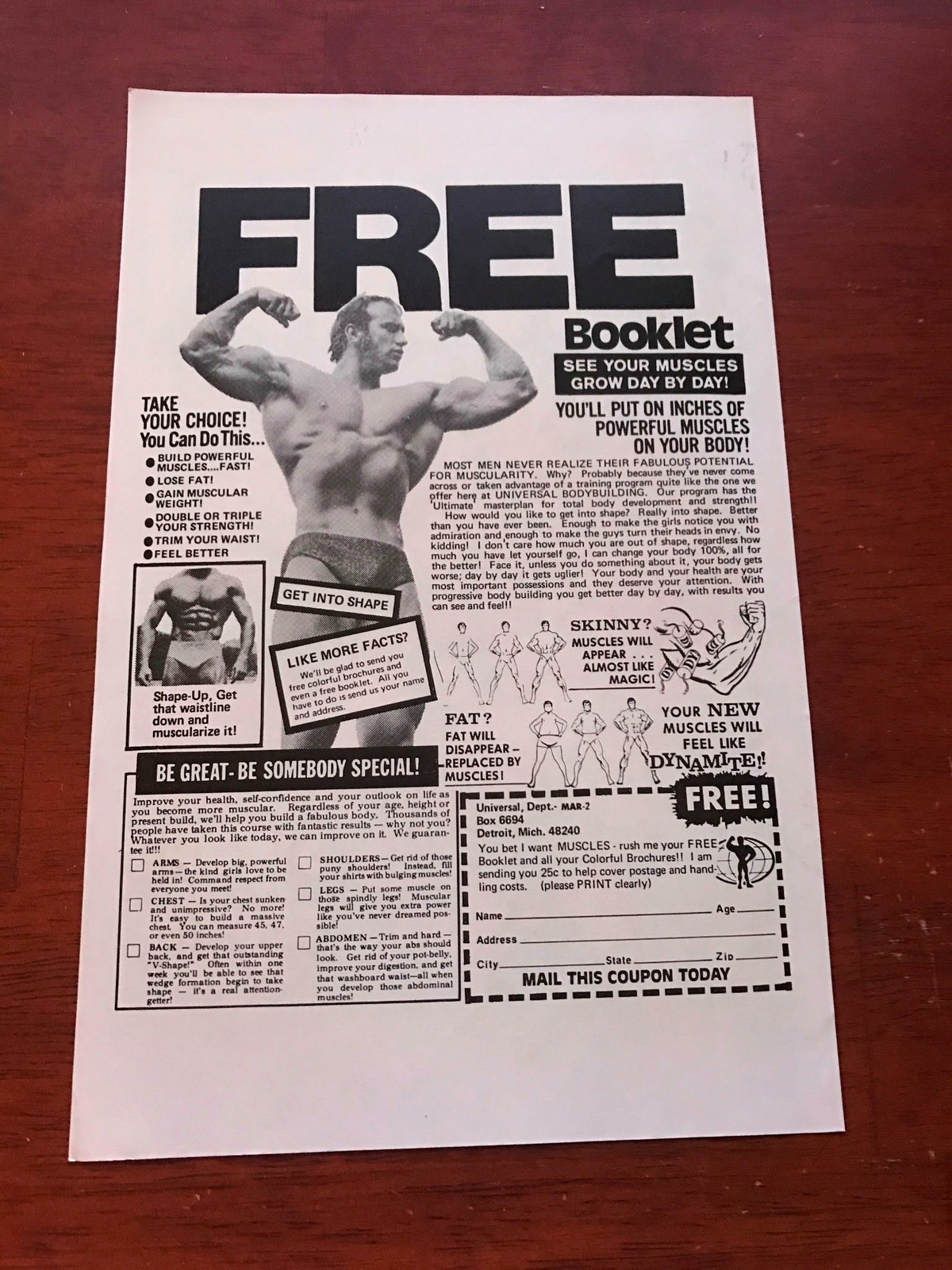 1977 VINTAGE 6.5x10 COMIC PRINT AD UNIVERSAL BODYBUILDING BRIAN EASTMAN ...