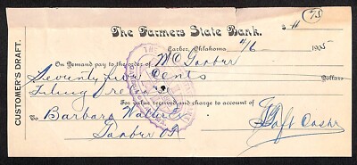 Garber, OK 1905 Territorial 75c Farmers State Bank Check - Scarce | eBay