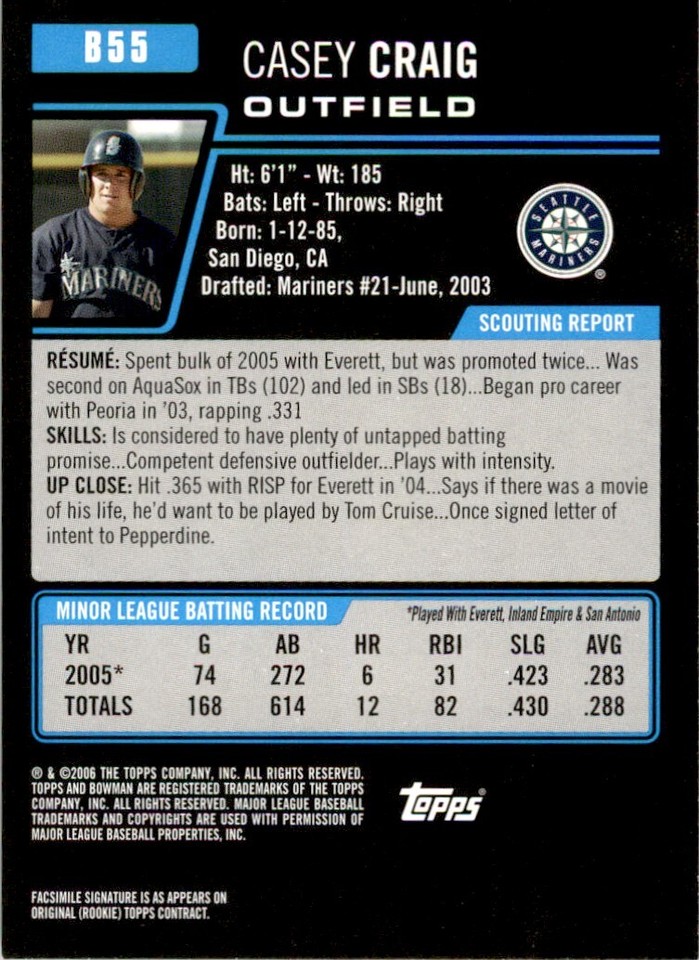 2006 Mint * Bowman Prospects Casey Craig Seattle Mariners #B55 | eBay