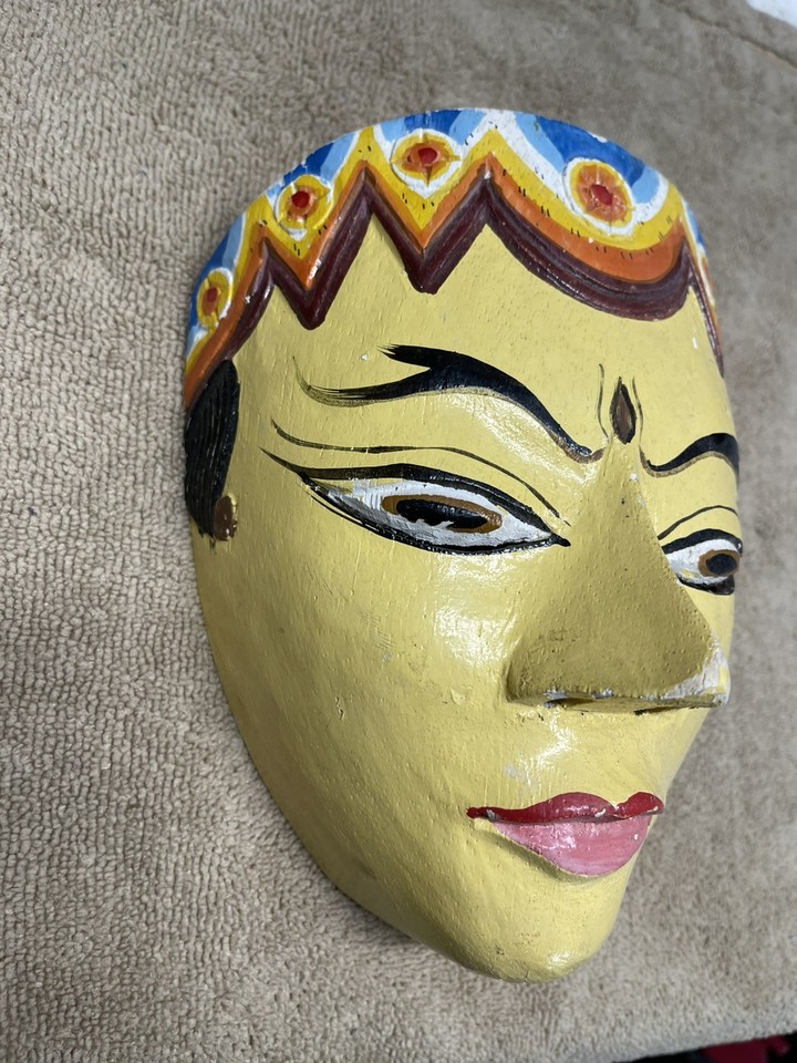 Vintage Folk Art Indonesian Wood Hand Carved Mask Goddess yellow | eBay