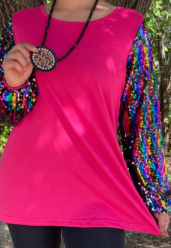 Hot Pink Top w/Multi-Color Sequin Sleeves | eBay