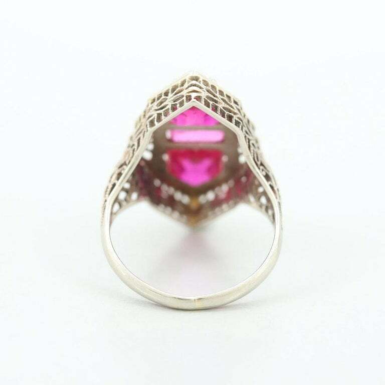 Genuine Art Deco 925 Sterling Silver Pink Ruby Shield Filigree Openwork ...