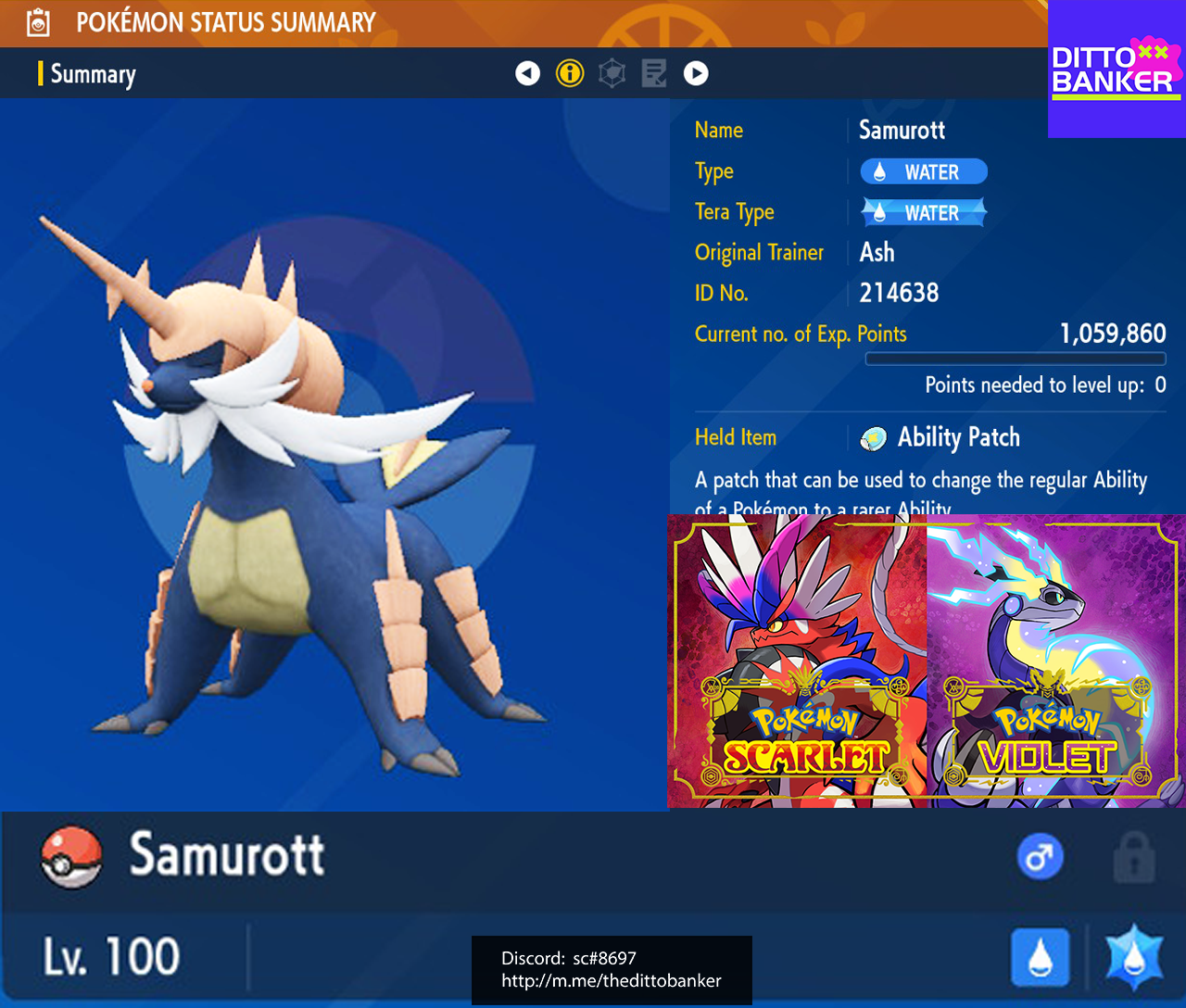 Pokemon Scarlet/Violet SHINY SAMUROTT Lv100 Timid 6IV Torrent Ability ...