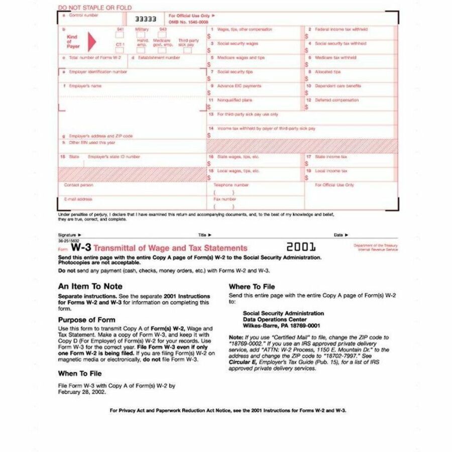 Tops W-3 Tax Forms - 2 Part - Carbonized - 11" X 9.50" Sheet Size ...