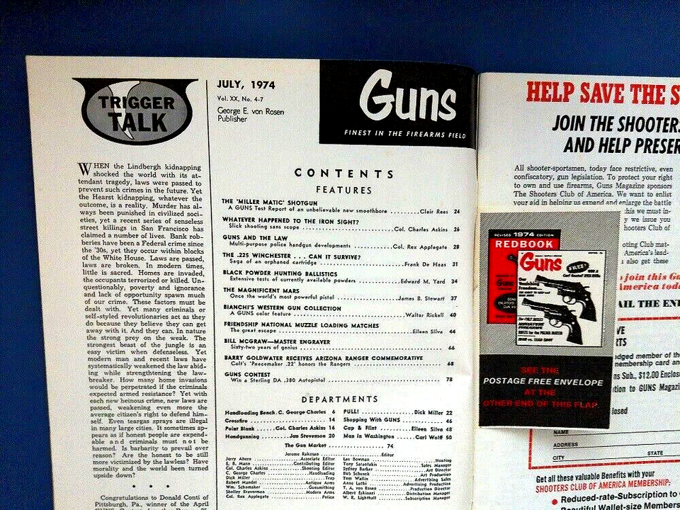 GUNS MAGAZINE - JULY 1974 MILLER MATIC SHOTGUN BLACK POWDER MARS PISTOL ...