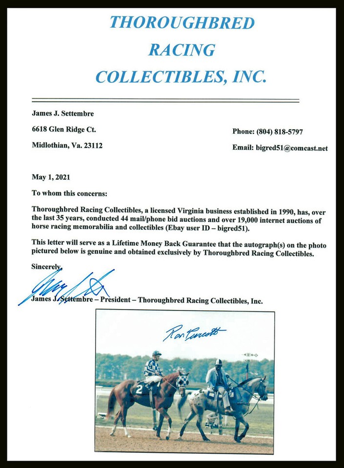 Secretariat -Ron Turcotte signed 8X10 1973 Belmont Stakes photo w ...