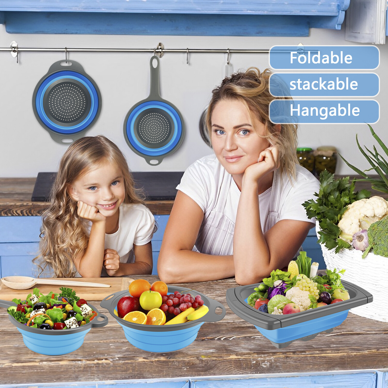 3Pcs Collapsible Colander Food-Grade Foldable Strainer Space Saving PD ...