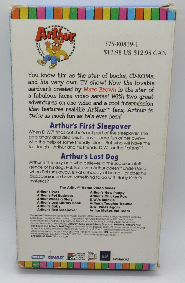 ARTHUR: ARTHUR'S FIRST SLEEPOVER ANIMATED VHS VIDEO, 2 EPISODES, LOST ...
