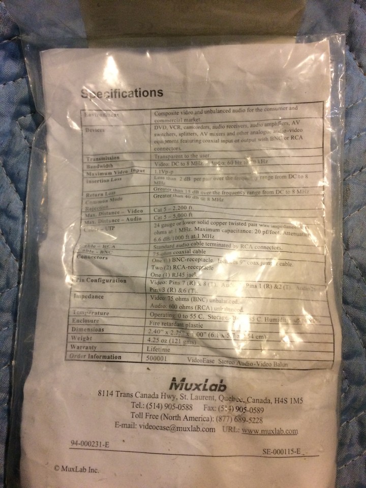 NEW - Muxlab 500001 Stereo Audio-Video Balun, BNC/RCA AV to RJ45 | eBay