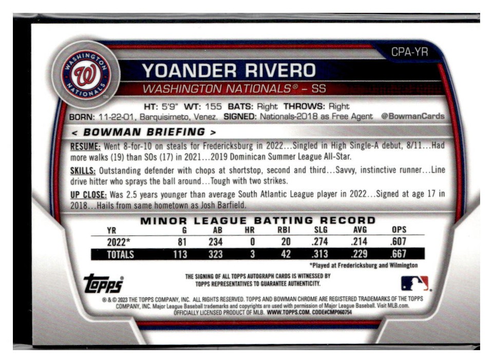 2023 Bowman Chrome Yoander Rivero 1st Auto Nationals | eBay