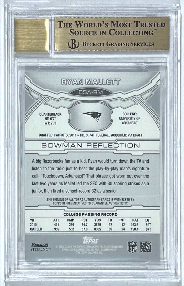2011 Bowman Sterling Blue Refractor Ryan Mallett RC #BSA-RM/99 BGS 9.5 ...