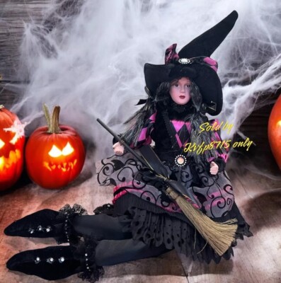 23” Halloween Witch in Pink Checked Bat Dress/ Broom Posable Sitting ...