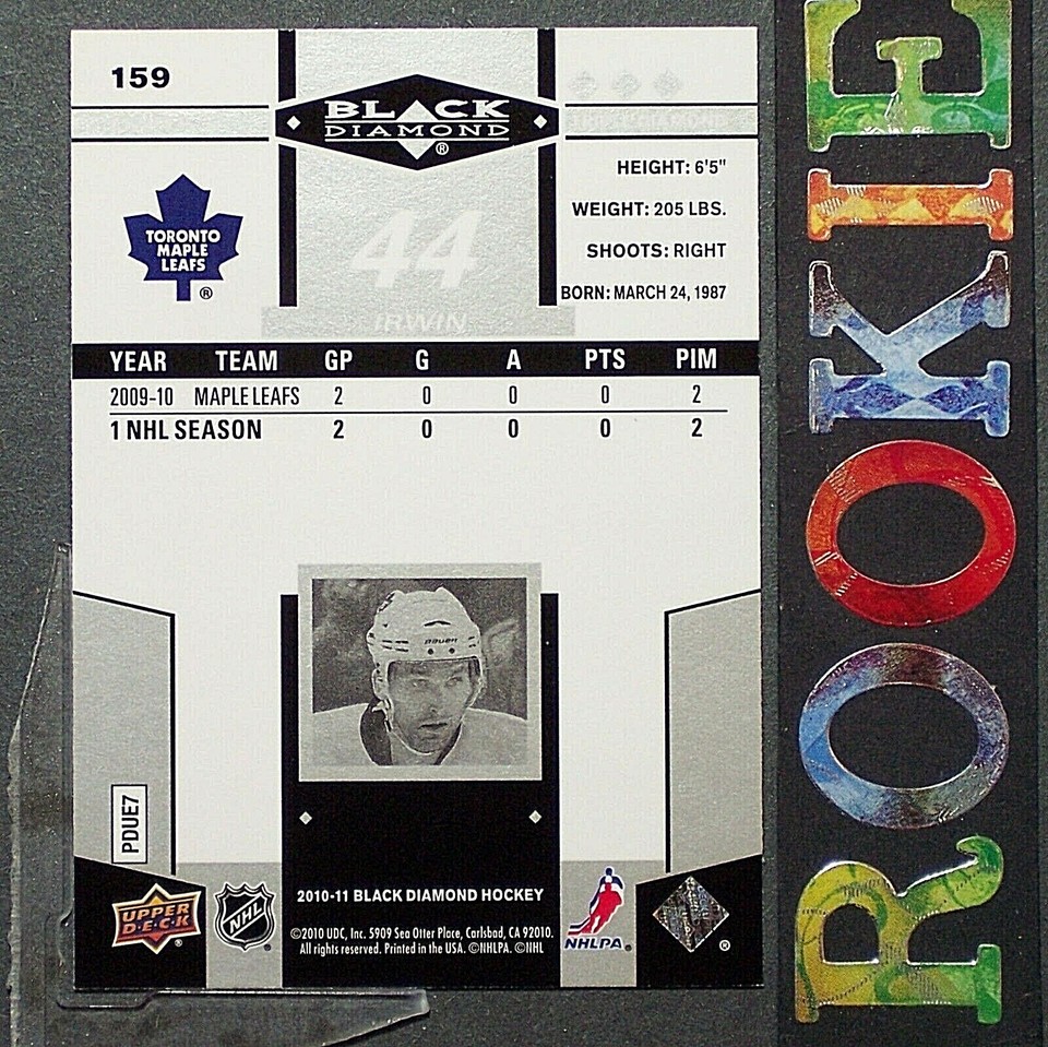 BRAYDEN IRWIN RC 2010/11 Black Diamond ROOKIE Gems #159 Toronto Maple ...