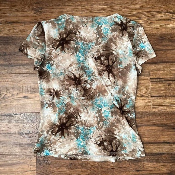 Cleo Y2K Floral Wrap Top Brown Blue Abstract Print V-Neck Stretch ...