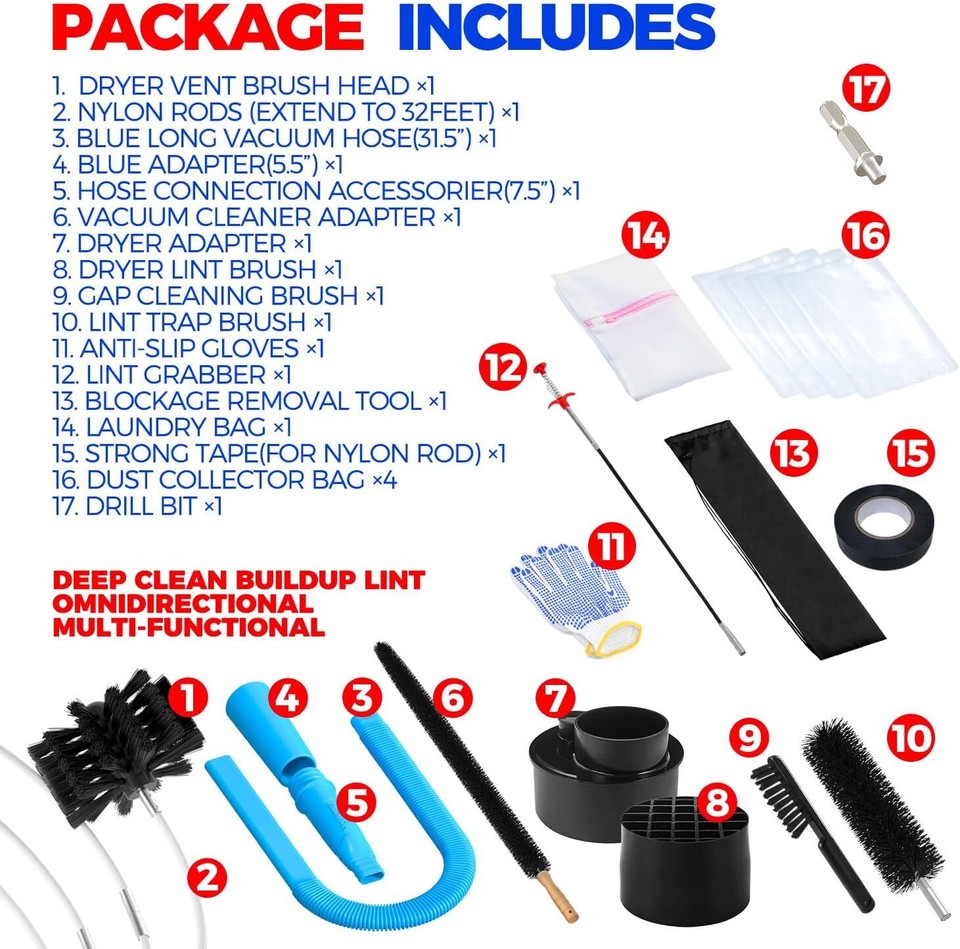 Dryer Vent Cleaner Kit 32 Feet Dryer Cleaning Tools, Include Dryer Vent ...