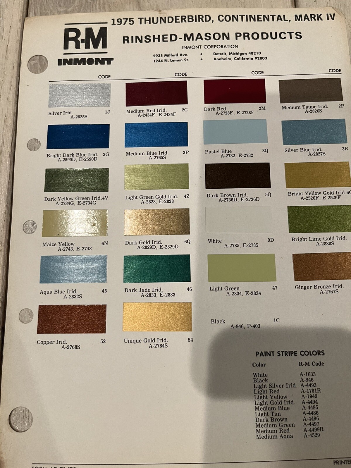 1975 Ford Thunderbird and Lincoln Continental Paint Chip Code Rinshed ...