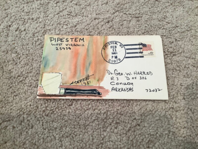 1981 PIPESTEM, W.V. : Signed FOLK ART WATERCOLOR Postal Cover GEORGE ...
