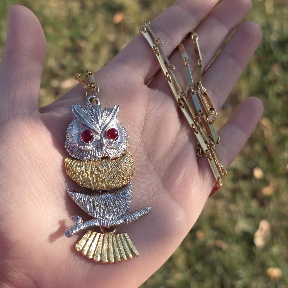 Vtg Necklace Large Owl Pendant Articulated Gold/Silver Tone Statement ...