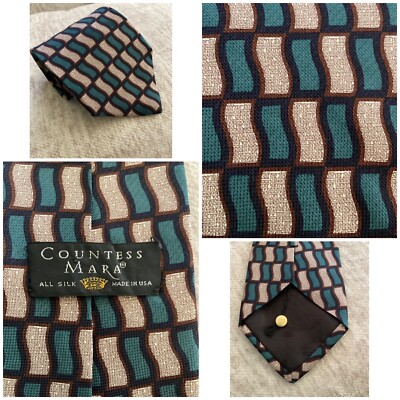 Countess Mara Men's Silk Necktie Brown Blue Teal Geometric Pattern Silk ...