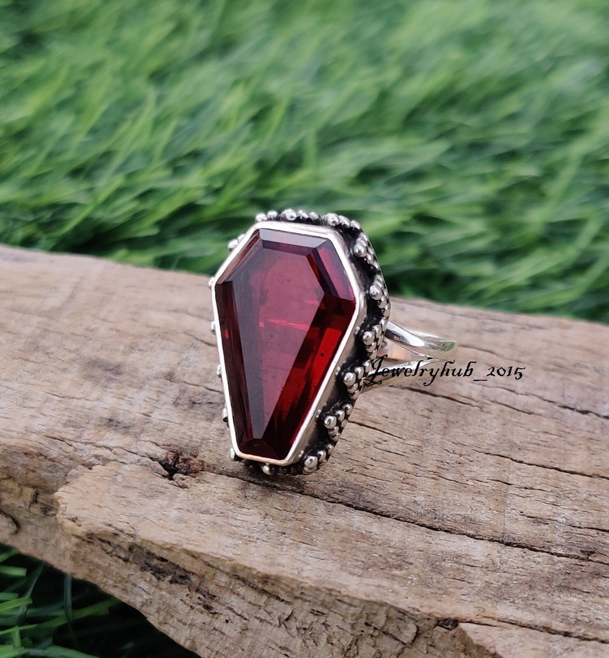 Red Garnet Coffin Gemstone 925 Sterling Silver Handmade Ring All Size ...