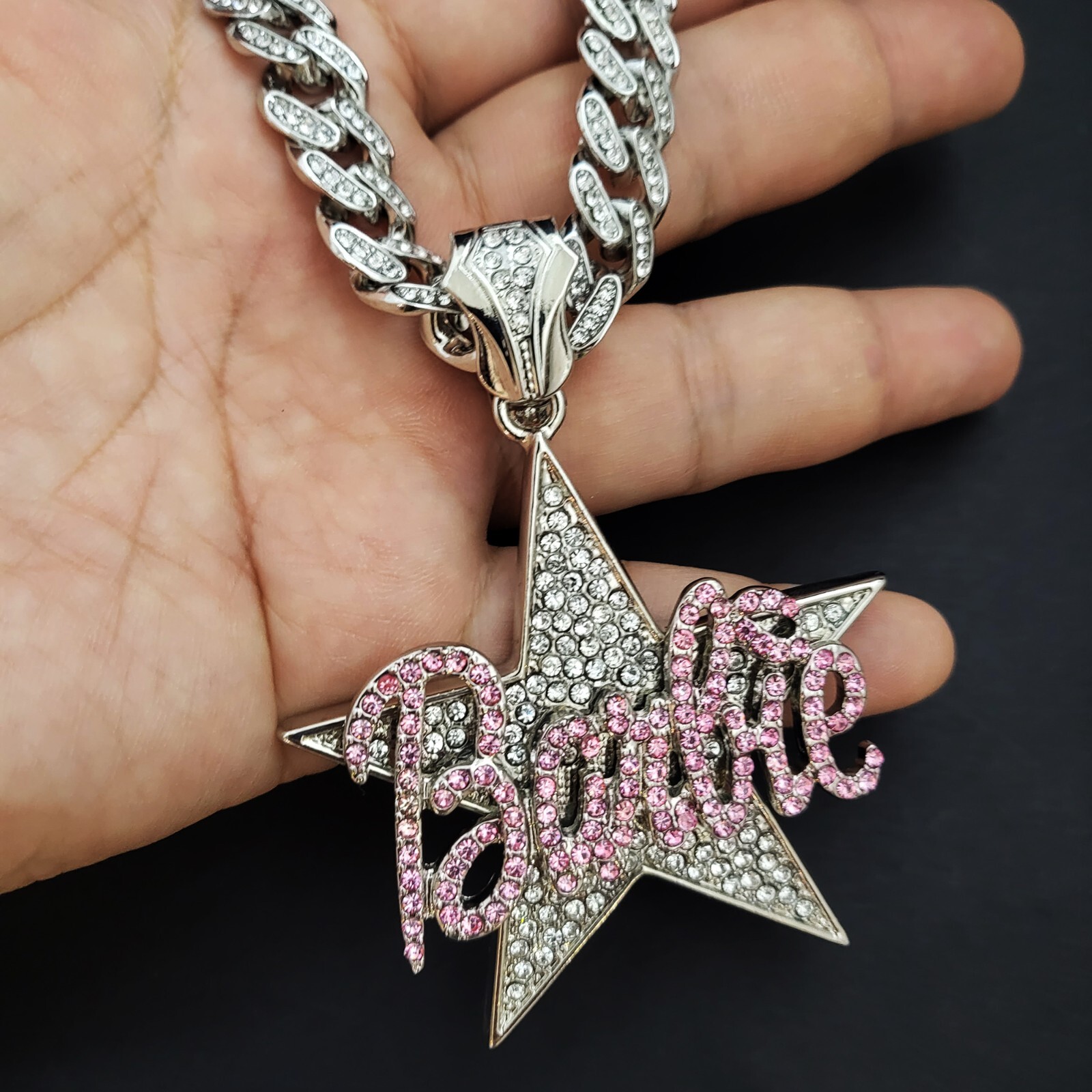 Women Silver Shiny Barbie Star Charm & Iced Cubic Zirconia Cuban Chain ...