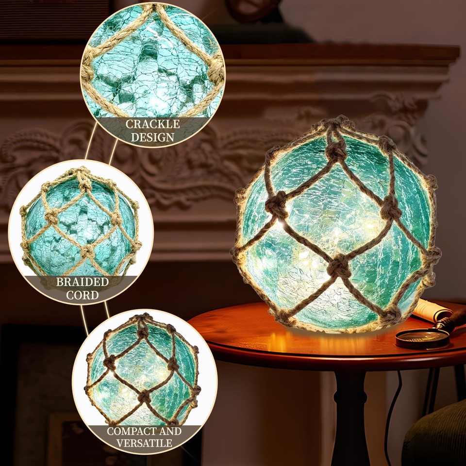 5.5" Green Glass Fishing Float Night Light,Cracked Glass Ball, Battery ...