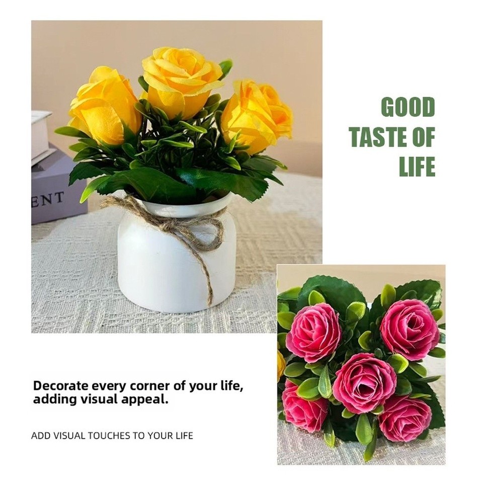 Artificial Rose in Decorative Pot with Bow for Event Table Centerpiece ...