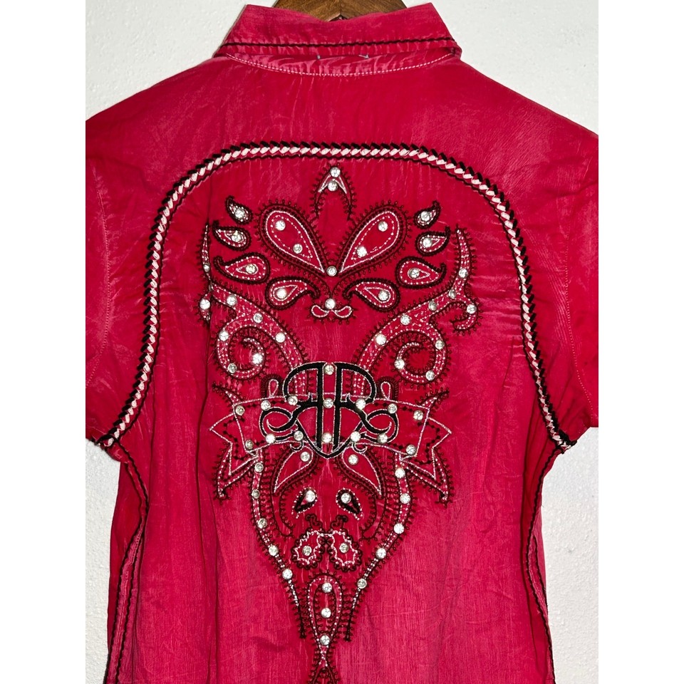 Roar Red Women's Western Rodeo Snap Bling Shirt Black Detail size S | eBay