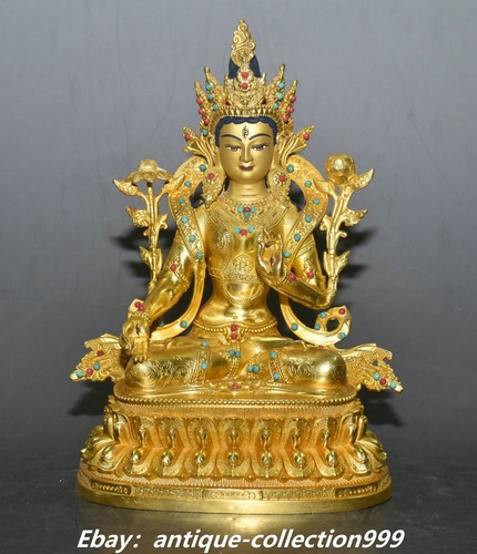 8.2"Old Tibet Pure Bronze Gilt Inlay Gem 7 Eyes White Tara Goddess ...