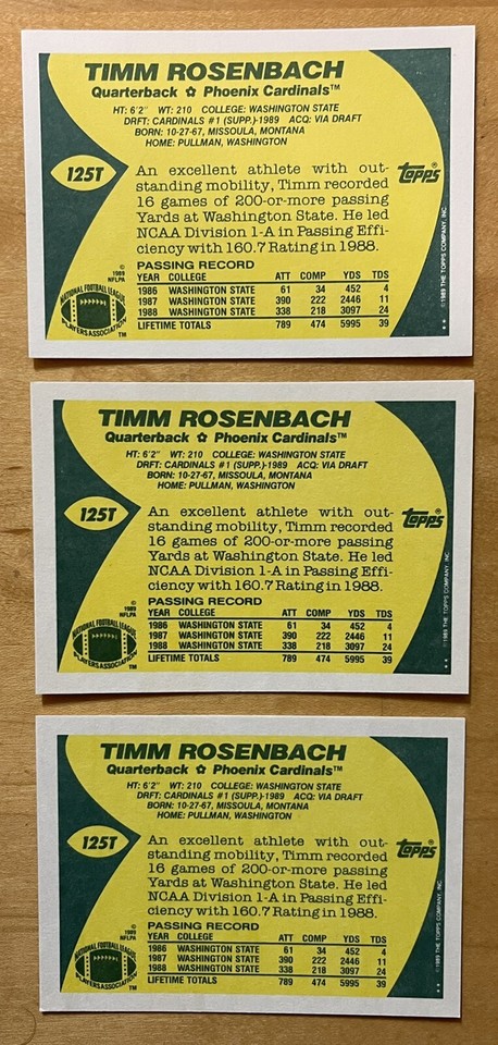 Timm Rosenbach Rookie (3) 1989 Topps Traded Football 125T Phoenix ...