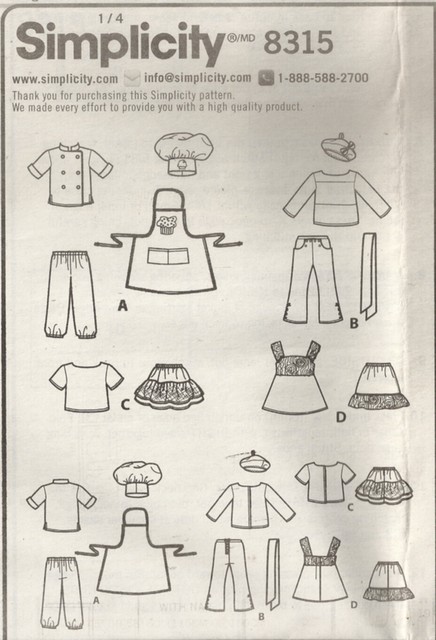 Simplicity 8315 Sewing Pattern 18 Inch Girl Doll Clothes Chef Bakery ...