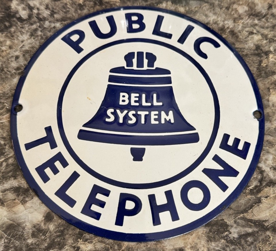 VINTAGE BELL SYSTEM PUBLIC TELEPHONE BLUE & WHITE ENAMEL ROUND ...