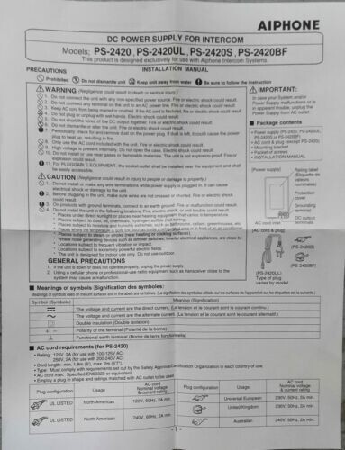 Aiphone PS-2420UL 24V DC Power Supply PS-2420UL, PS-2420, PS-2420S, PS ...