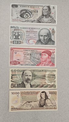 5 collector notes Mexico peso currency bank MXP 5 10 20 500 1000 ...