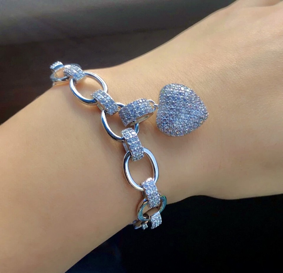 18k White Gold Plated Heart Necklace Bracelet made w Swarovski Crystal ...